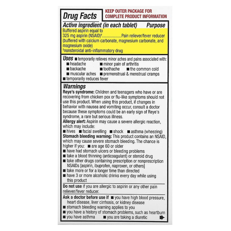 Bufferin Buffered Aspirin 650 mg 130 Tablets Nsaid Regular Strength