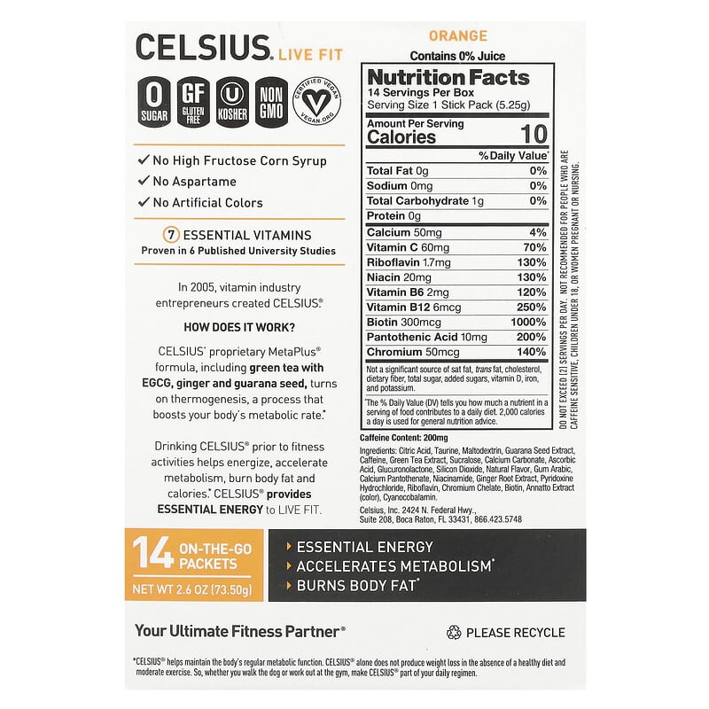 Celsius Live Fit Orange 14 On-The-Go Packets 0.19 oz