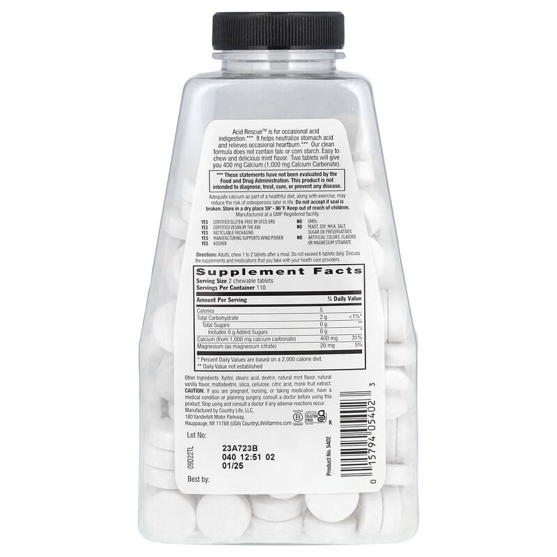 Country Life Acid Rescue Calcium Carbonate Mint 1000 mg 220 Tablets