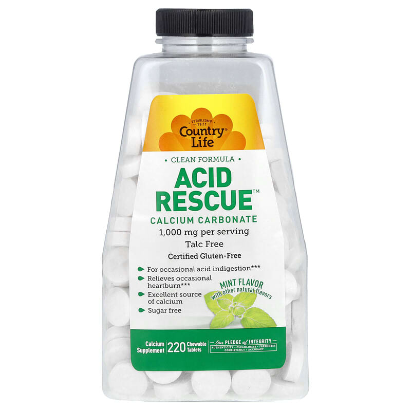 Country Life Acid Rescue Calcium Carbonate Mint 1000 mg 220 Tablets