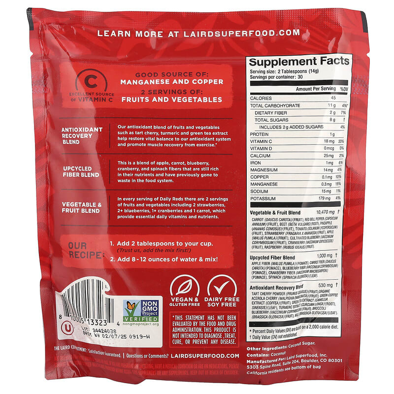 Laird Superfood Antioxidant Daily Reds 420g Giải độc tự nhiên