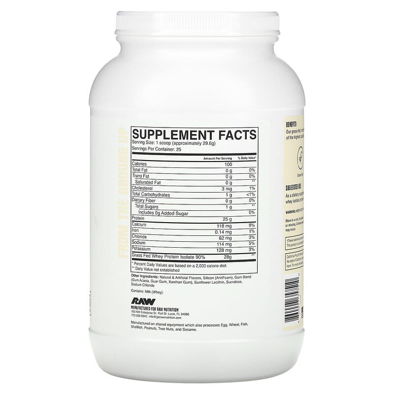 Raw Nutrition Grass Fed Whey Protein Isolate Vanilla 1.63 Lb
