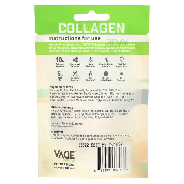 Gói Collagen Hòa Tan Vade Nutrition MCT Dầu Cam 0.6 oz